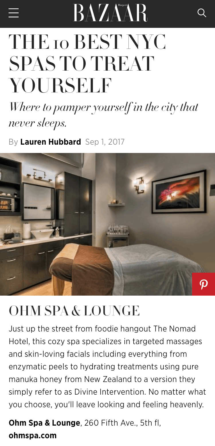 Harper's Bazaar Names Ohm Spa & Lounge a Best NYC Spa - Ohm Spa NYC